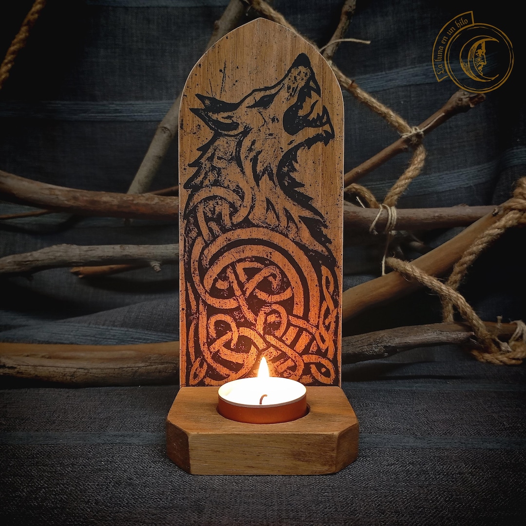 Viking Candle Holder - Fenrir, Norse Mythology Wood Decor, Viking Altar ...
