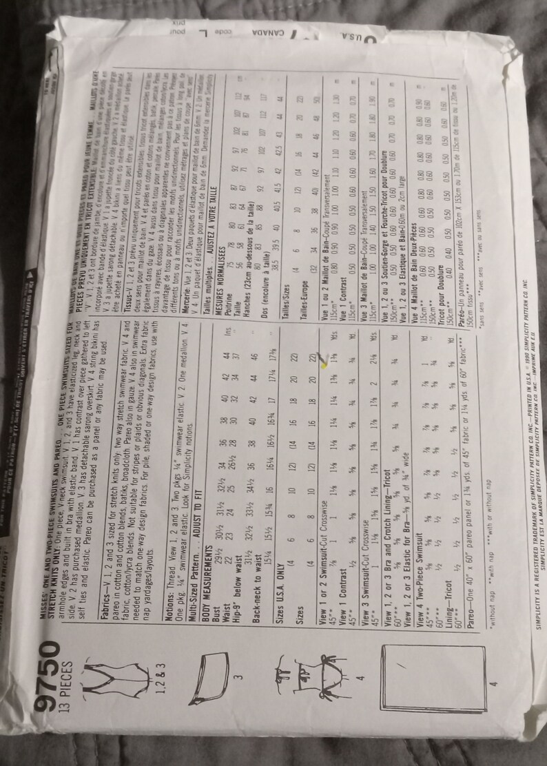 Vintage 1990s SWIMSUIT Sewing PATTERN Bikini, One Piece Pareo ...