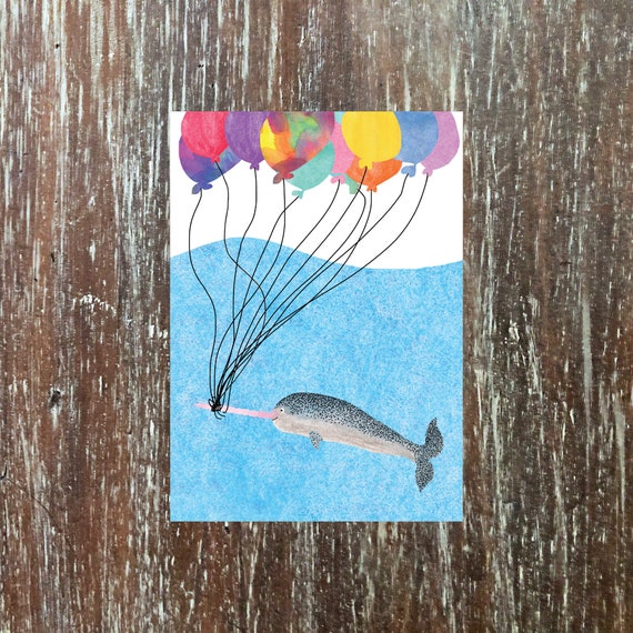Narwhal Birthday Card With Rainbow Balloons Tied to the | Etsy