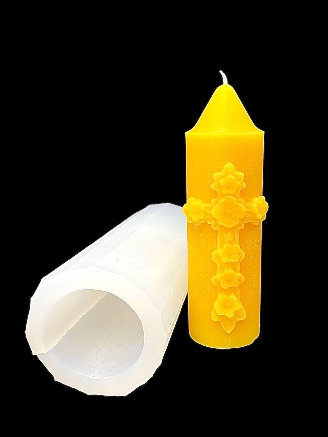 5” Religious Candle Mold - Silicone Flower Cross Pillar Mold ...