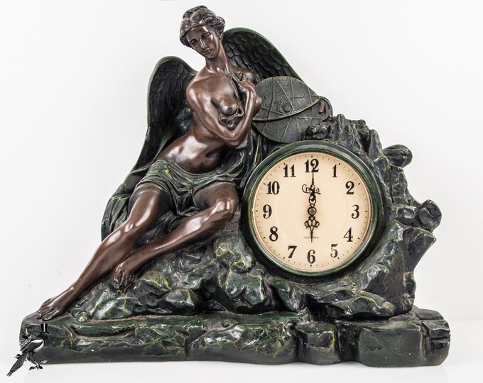 Vintage Crosa Figural Mantel Clock With Nude Angel on Rocks Shelf Table ...