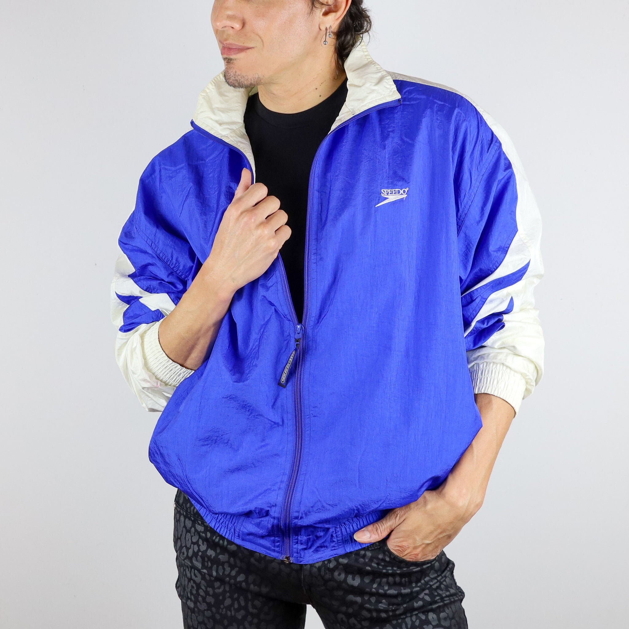 Vintage 90's Speedo® Blue and White Zip-up Windbreaker Vintage 90's Speedo® Blue and White Zip-up Windbreaker