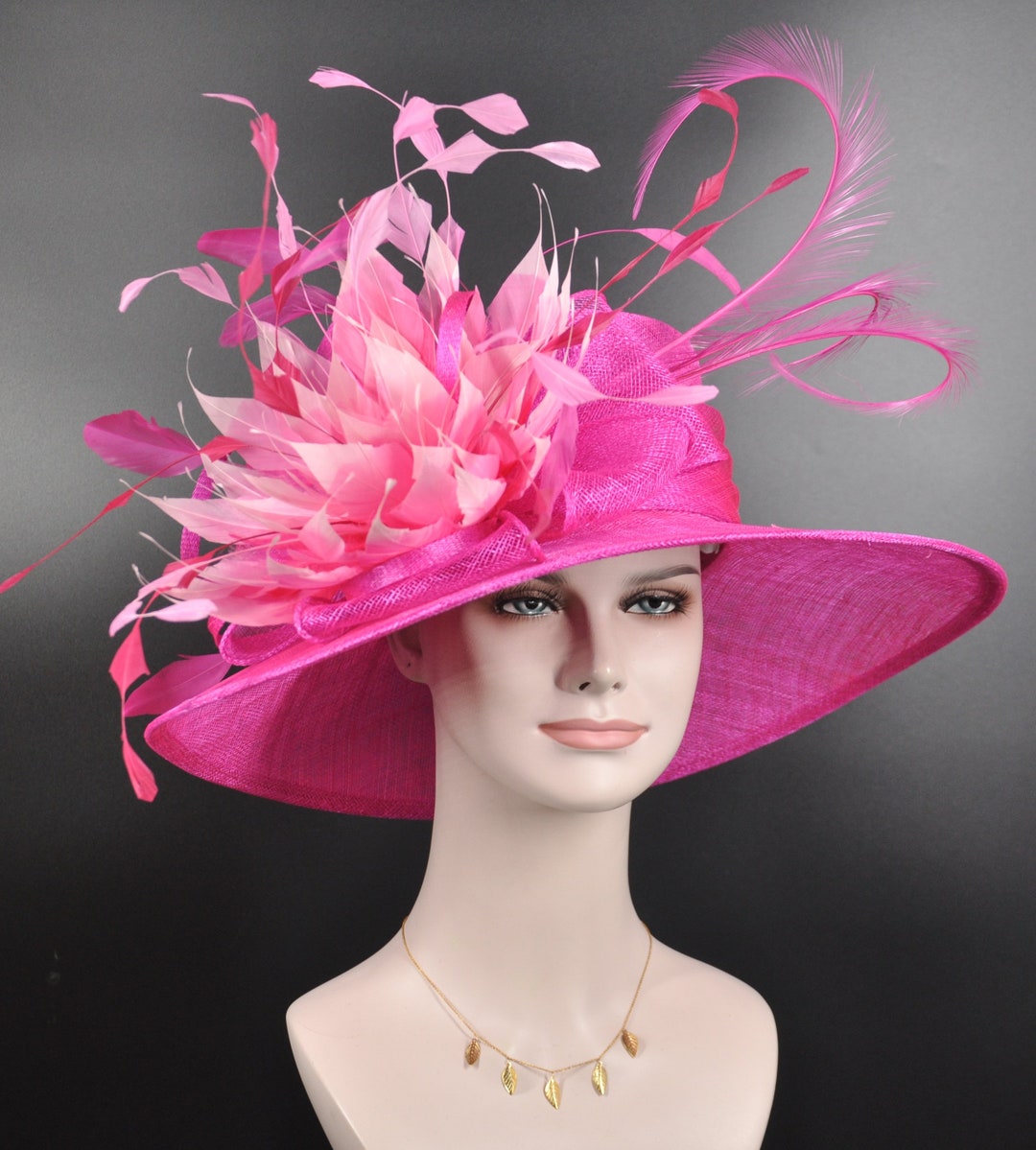 Hot Pink W Mix Pink Wide Brim Sinamay Hat Church Kentucky Derby Hat Tea ...