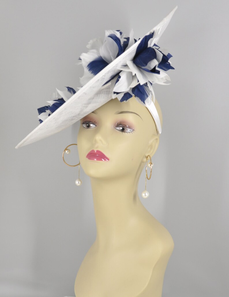 White W Navy Blue Sinamay Disc Fascinator Hat With Jumbo - Etsy
