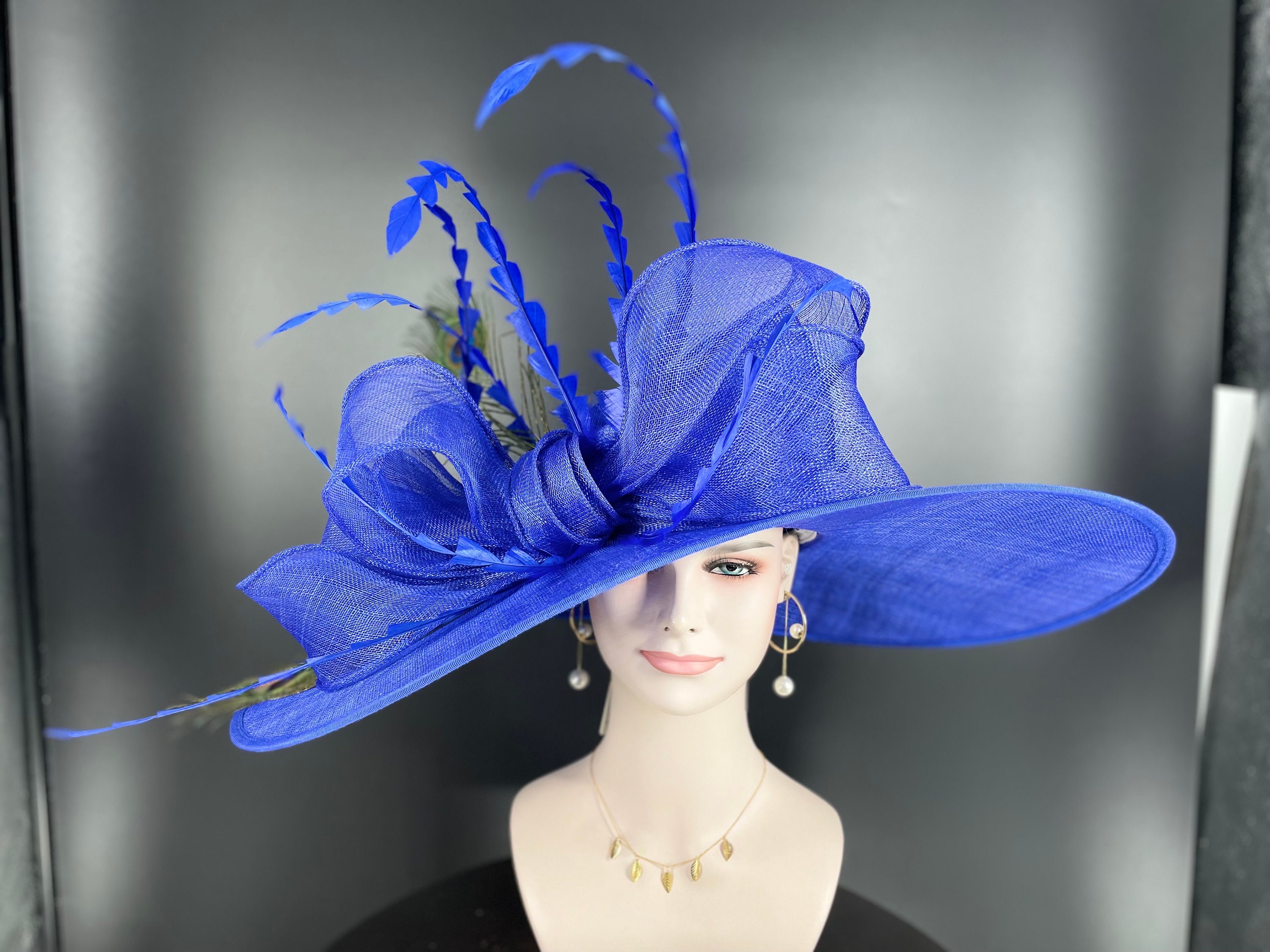 Royal Blue Sinamay Derby Hat, Wide Brim Feather Ascot Hat - Etsy