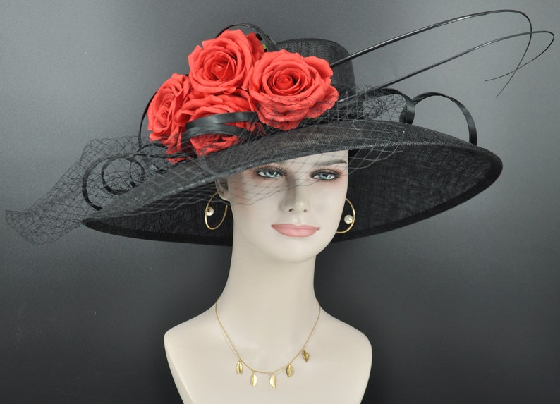 Black Red Rose Wide Brim Sinamay Hat for Kentucky Derby,ascot Royal ...