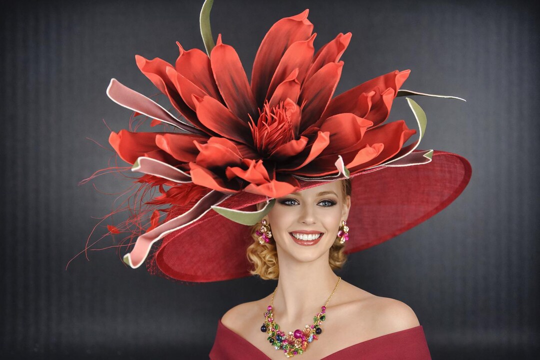 Red Feather Flower Wide Brim Kentucky Derby Hat, Ascot Hat for Wedding & Tea Party, Garden Party ...