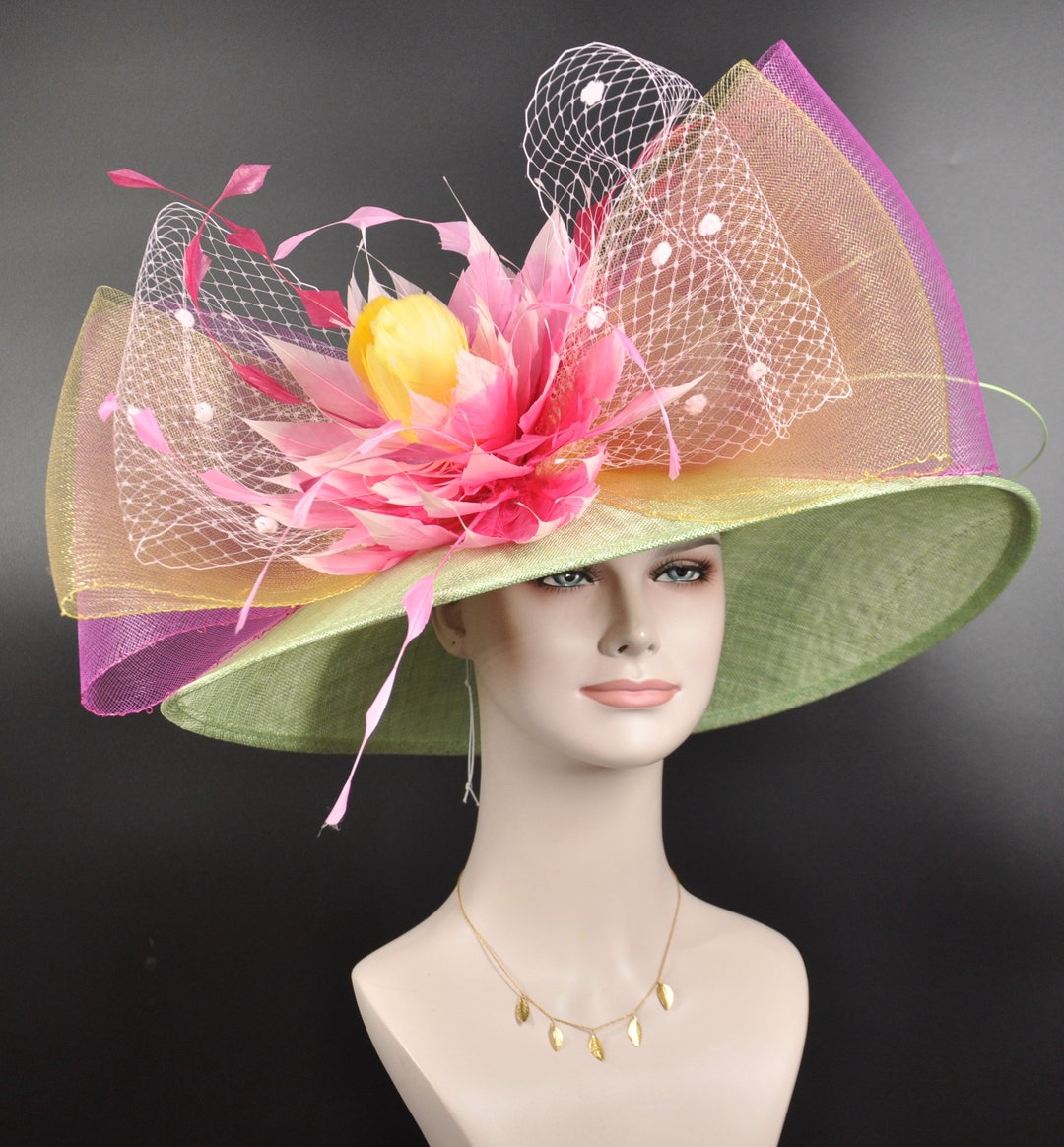 Wide Brim Sinamay Derby Hat: Green, Lemon, Pink Flower - Etsy