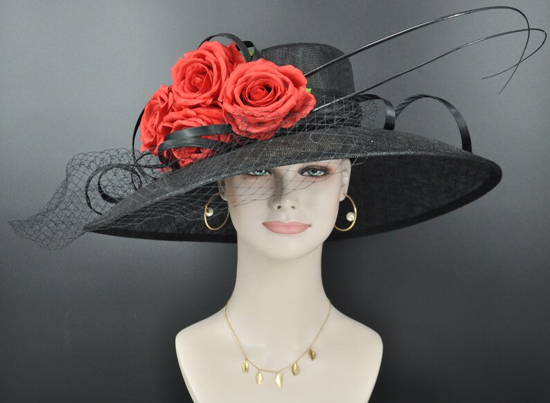 Black Red Rose Wide Brim Sinamay Hat for Kentucky Derby,ascot Royal ...