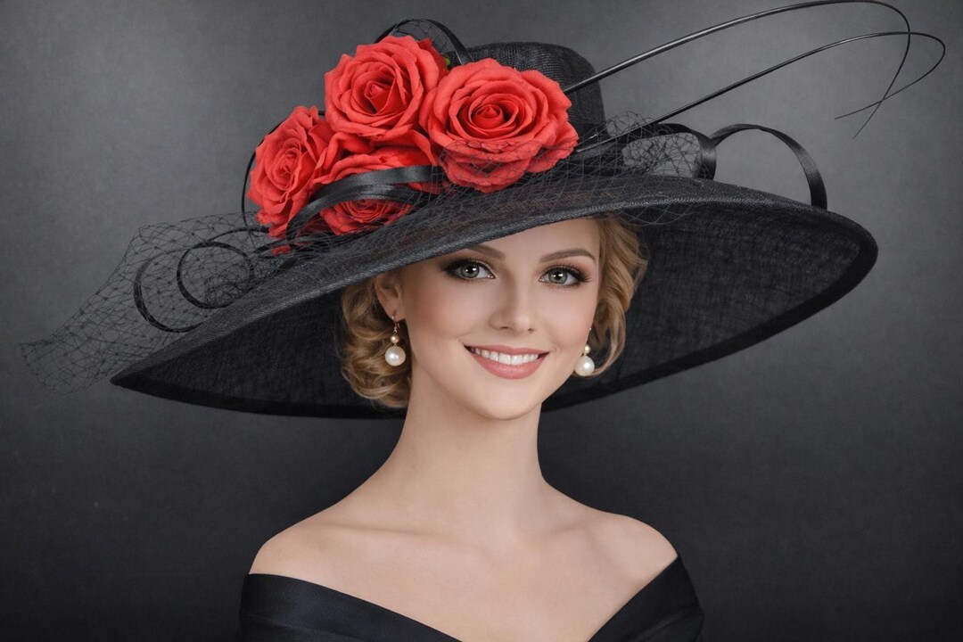 Black Red Rose Wide Brim Sinamay Hat for Kentucky Derby,ascot Royal ...