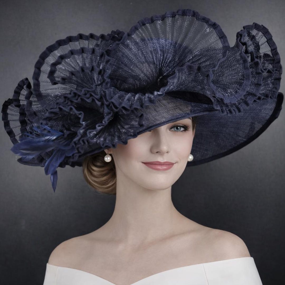 Navy Blue Wide Brim Kentuky Derby Hat, Ascot Hat for Wedding & Tea ...