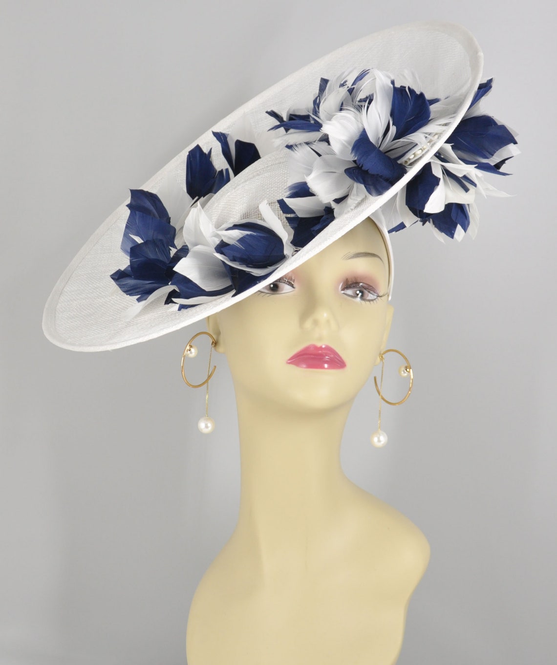 White W Navy Blue Sinamay Disc Fascinator Hat With Jumbo - Etsy