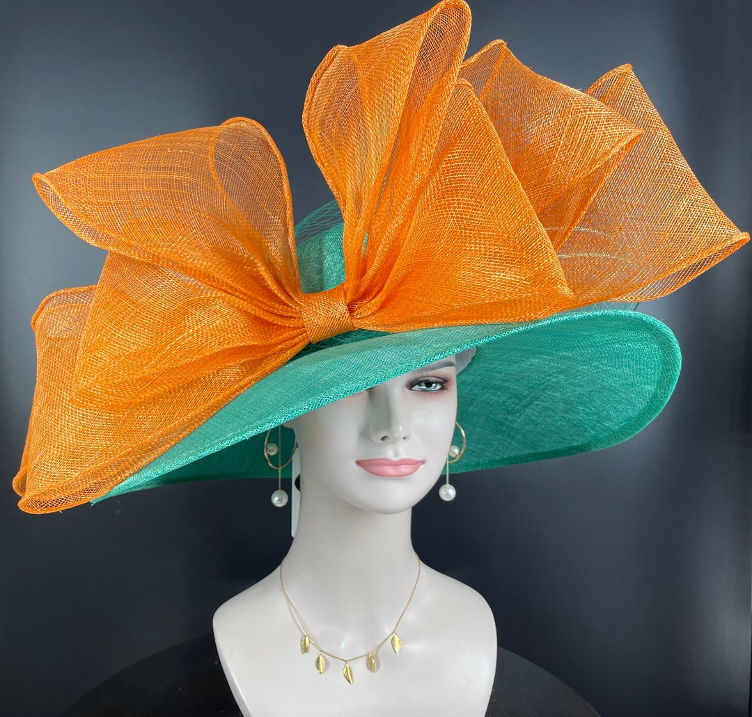 Jade Green Orange Wide Brim Sinamay Hat Church Kentucky Derby Hat ...