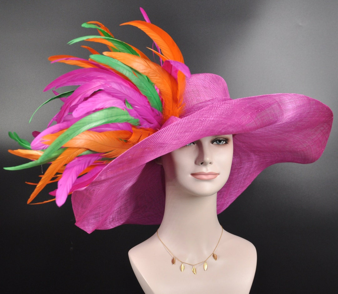 Hot Pink W Orange Green Feathers Kentucky Derby Hat, Tea Party Hat Wide ...