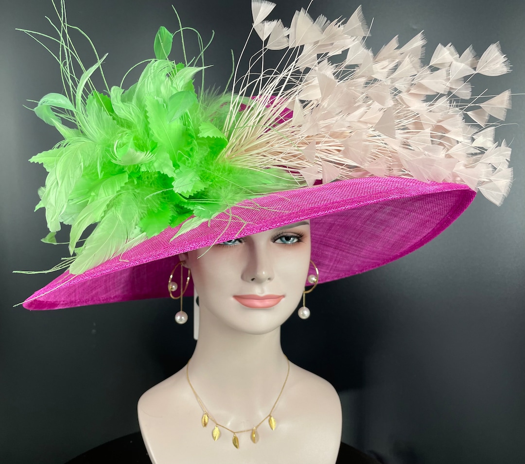 Hot Pink W Pink Green Feather Flowers Kentucky Derby Hat,tea Party ...