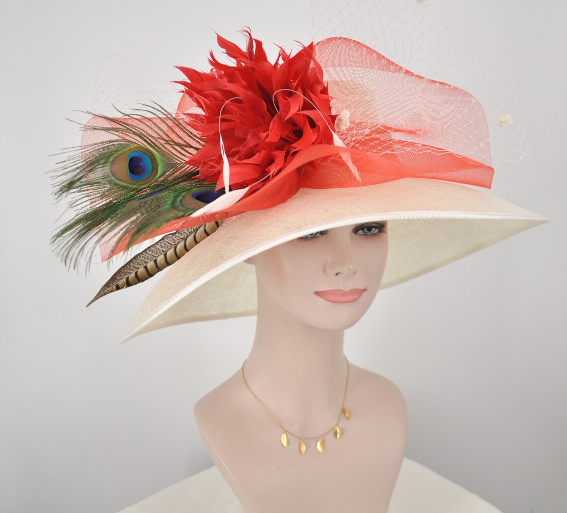 Ivory/off White W Blush Pink Red Feather Flowers and Jumbo Two - Etsy