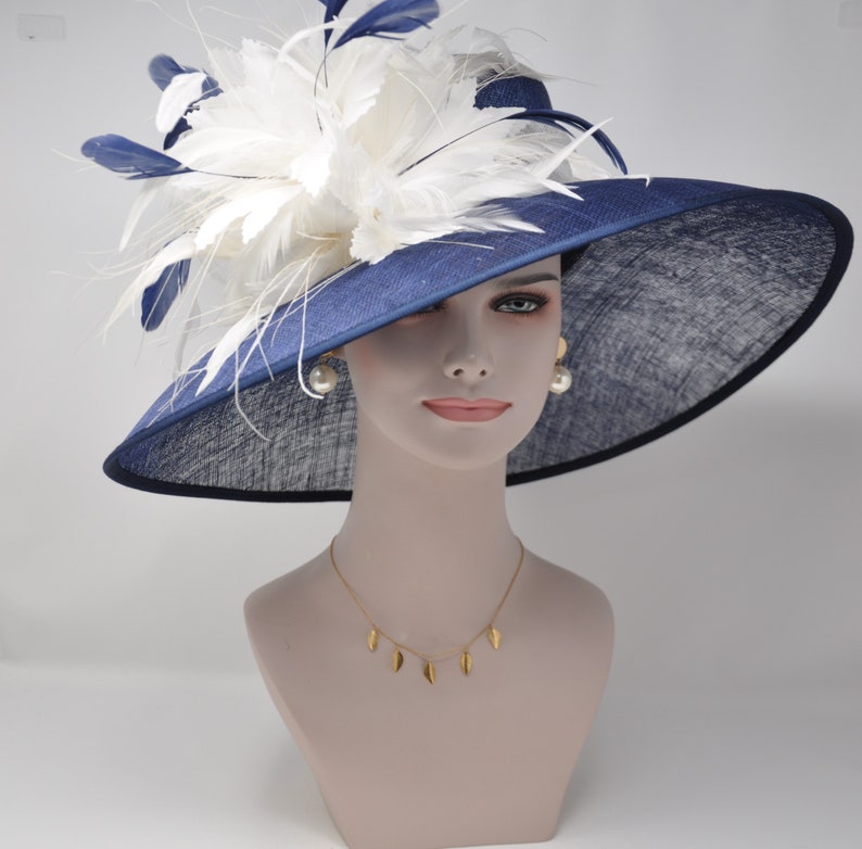 Navy Blue Sinamay Derby Hat: Feather Flowers, Wide Brim Ascot Hat - Etsy