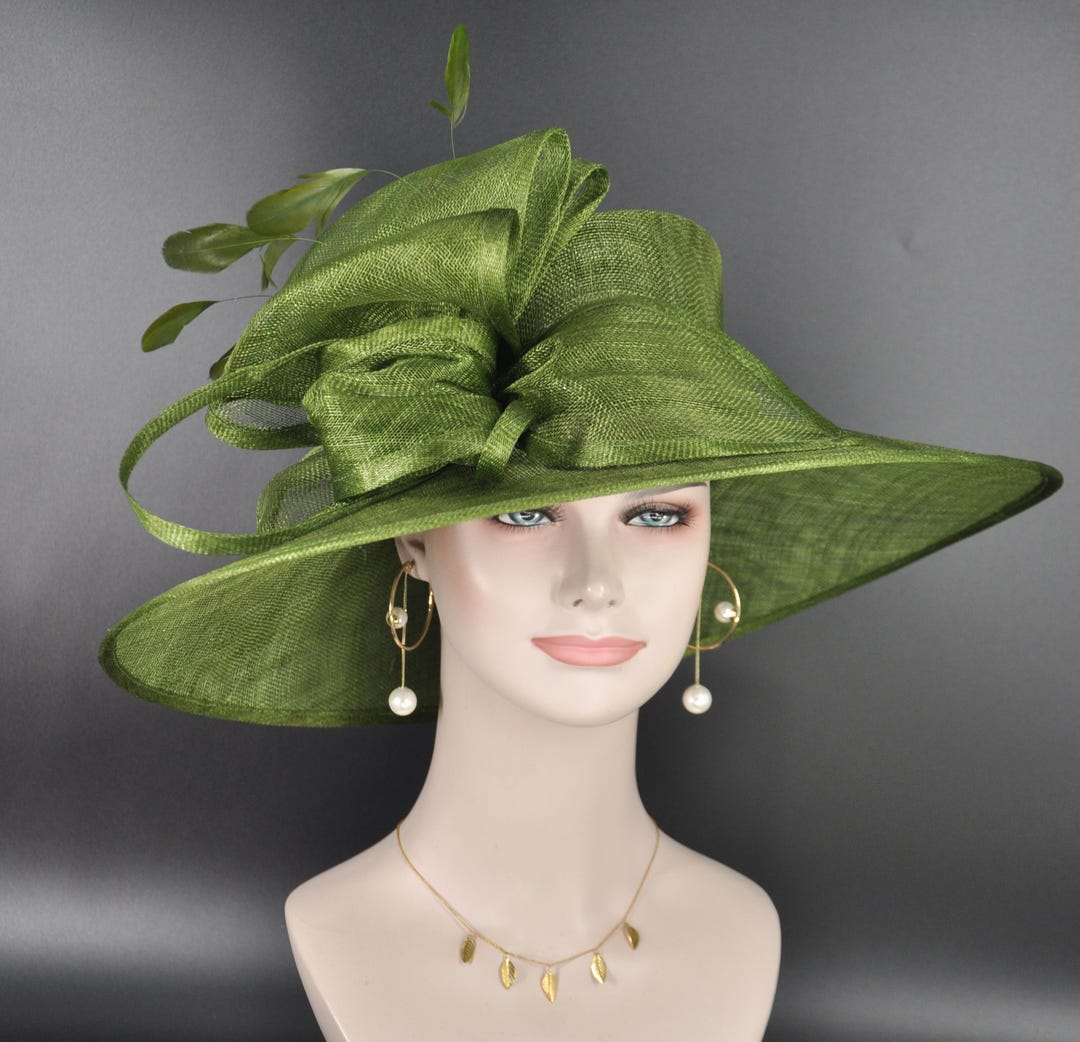 Olive Green Sinamay Derby Hat, Wide Brim Kentucky Ascot Fascinator - Etsy