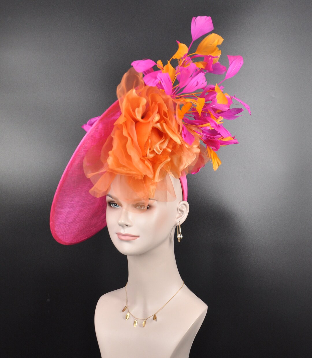 Hot Pink W Orange Kentucky Derby Hat, Church Hat, Wedding Hat, Easter ...