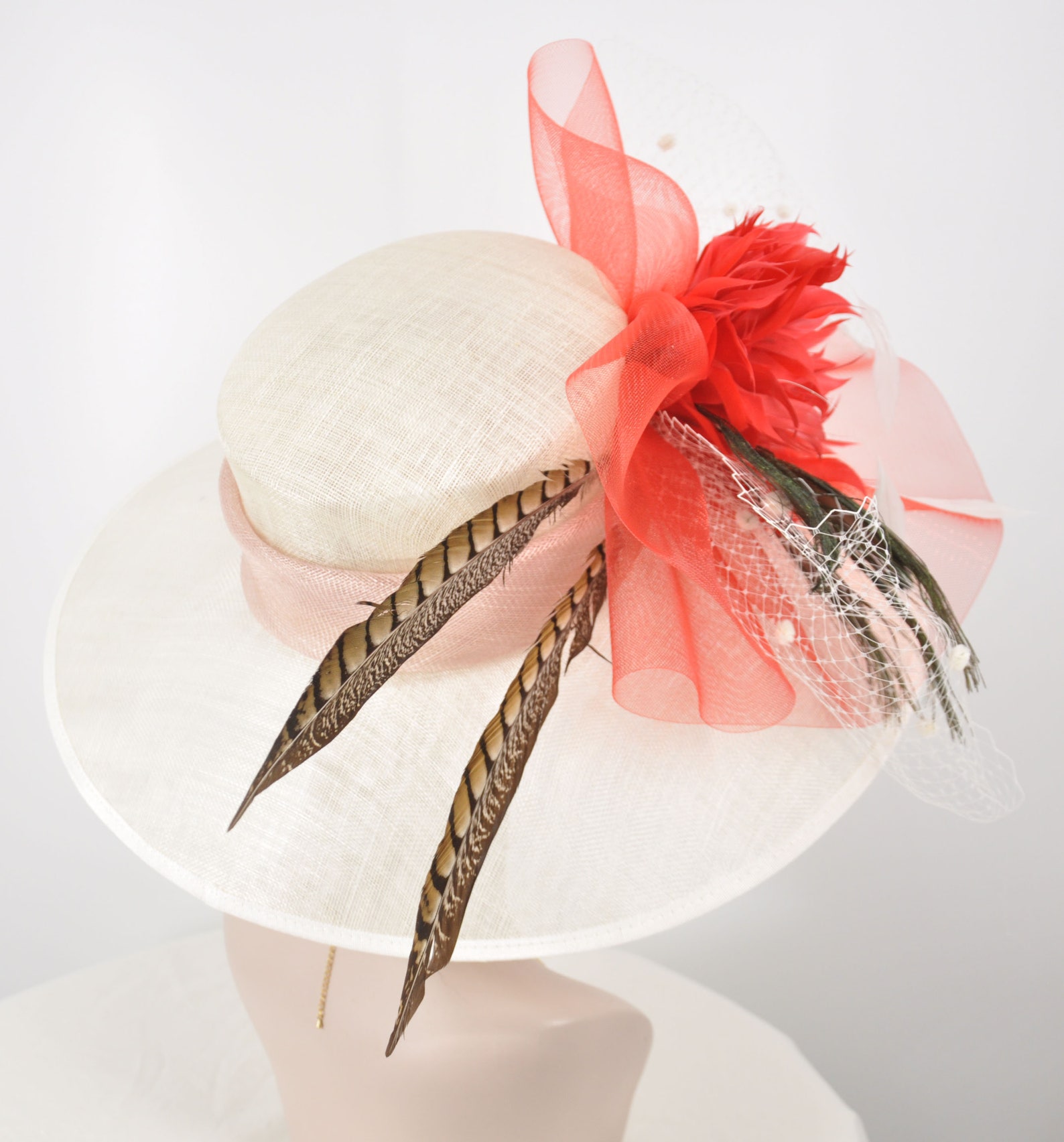 Ivory/off White W Blush Pink Red Feather Flowers and Jumbo Two - Etsy