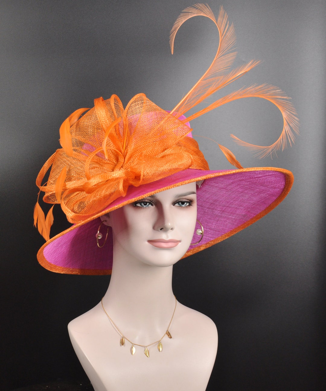 Fuchsia Pink W Orange Wide Brim Sinamay Hat, Kentucky Derby Hat, Church ...