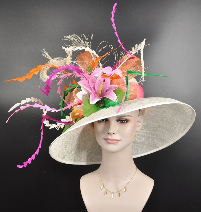 Wide Brim Sinamay Kentucky Derby Hat, Ivory W/ Pink Lily & Feather ...