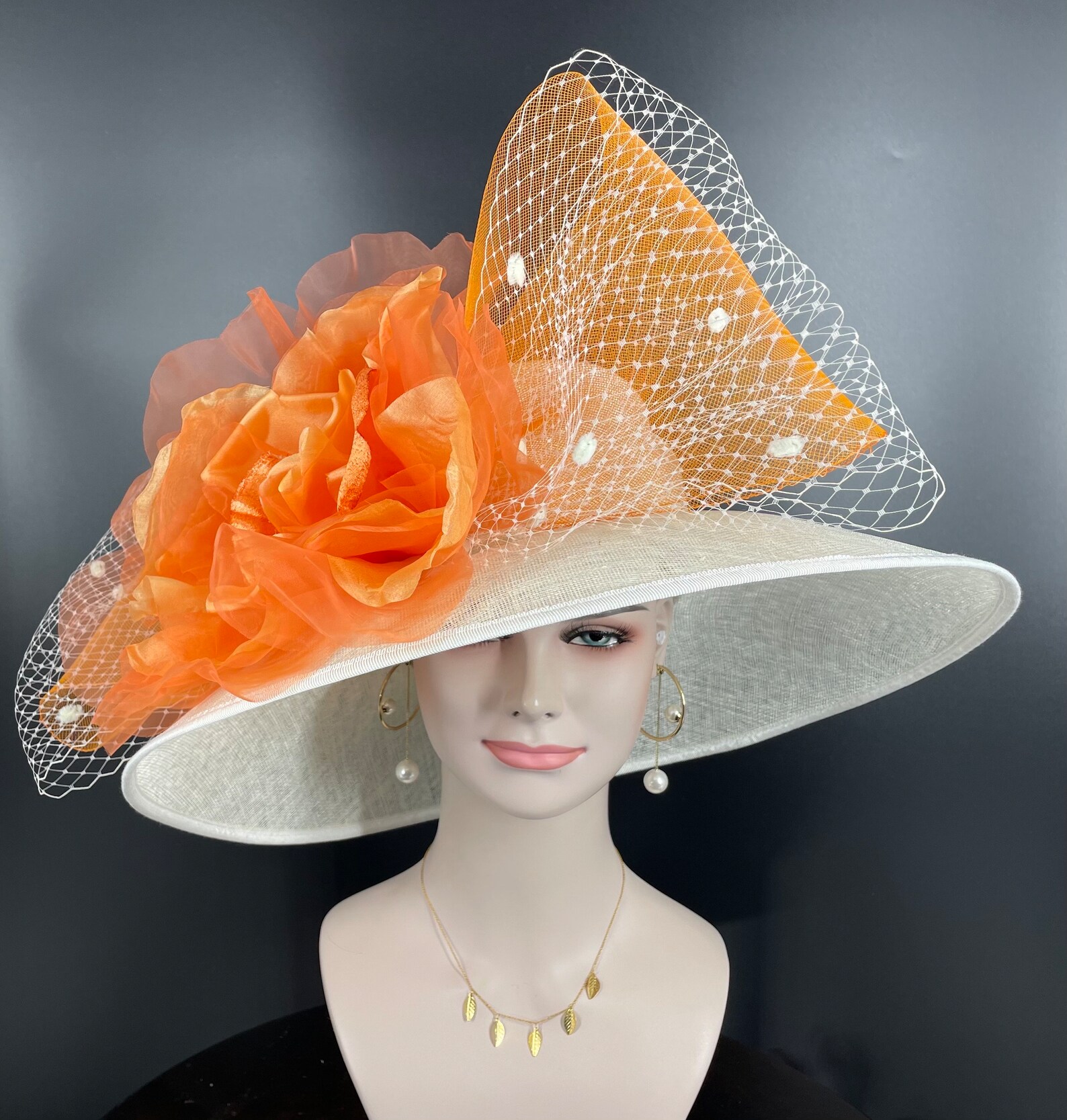 Wide Brim Sinamay Derby Hat: off White With Orange Silk Flower - Etsy