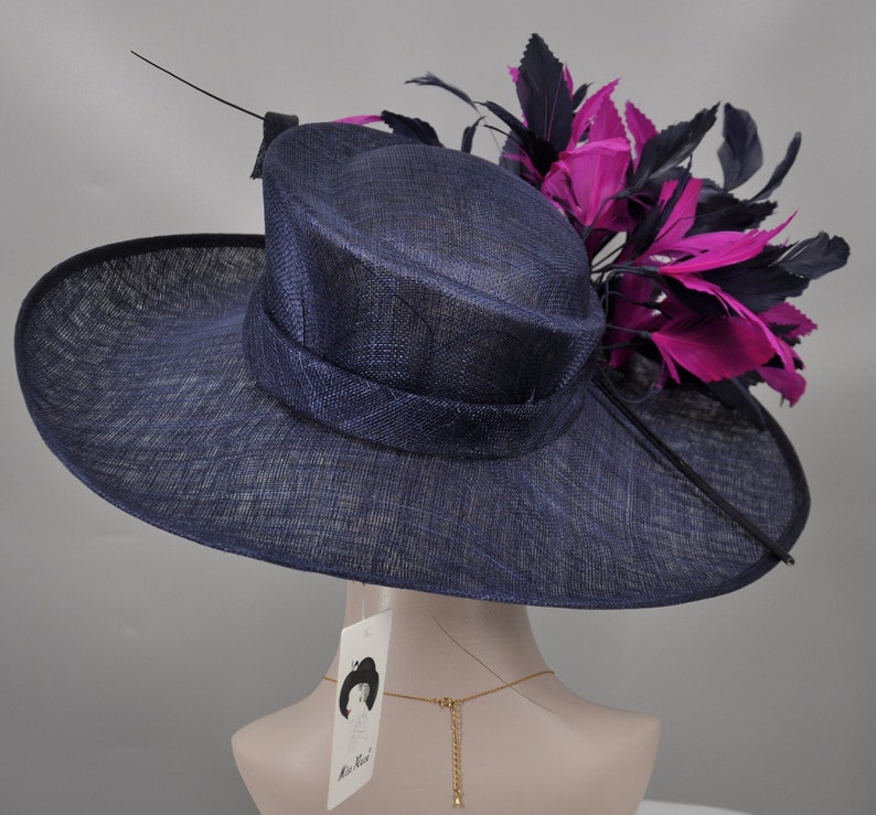 Navy Blue With Hot Pink /fuchsia Wide Brim Sinamay Hat - Etsy