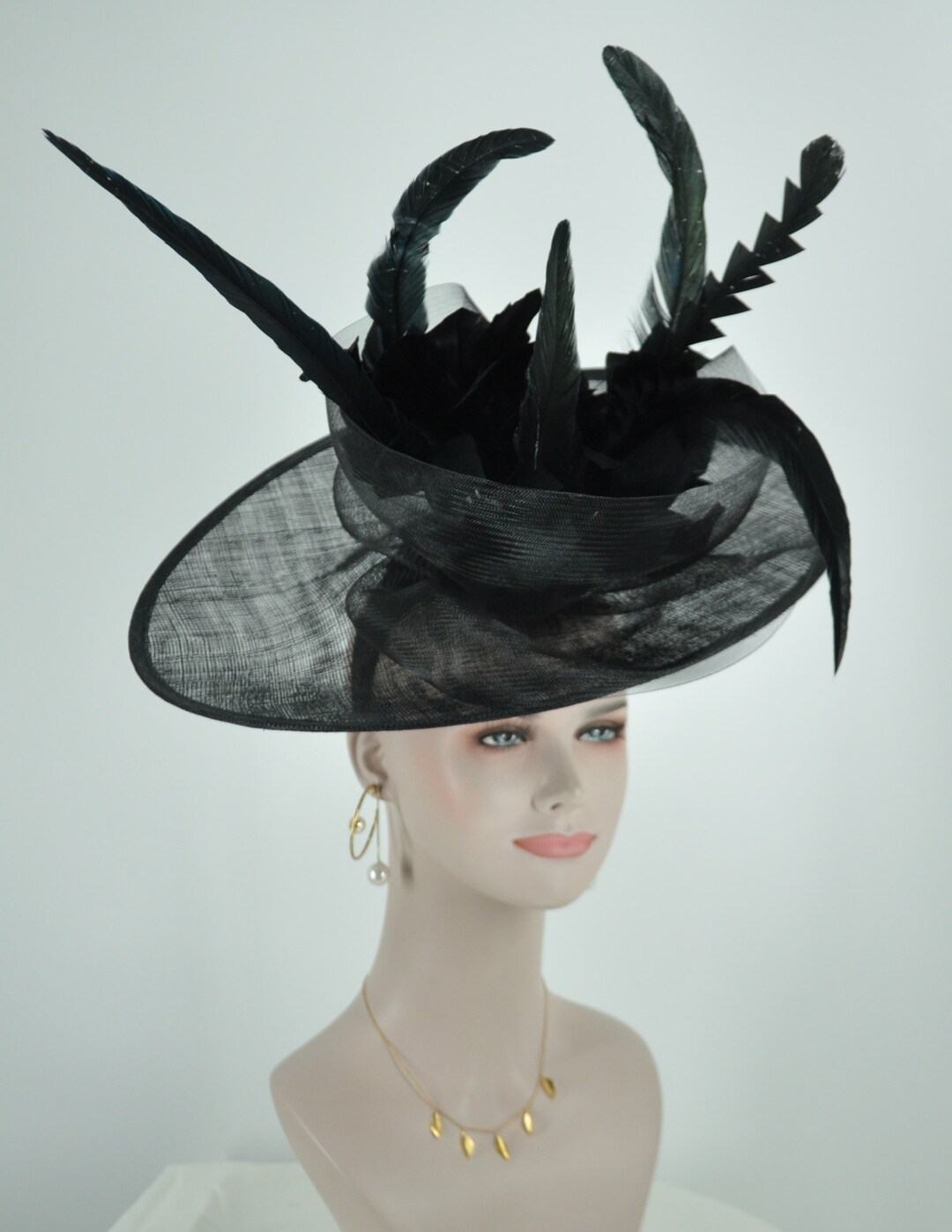 Black Sinamay Disc Fascinator Hat With Jumbo Feather Flowers - Etsy