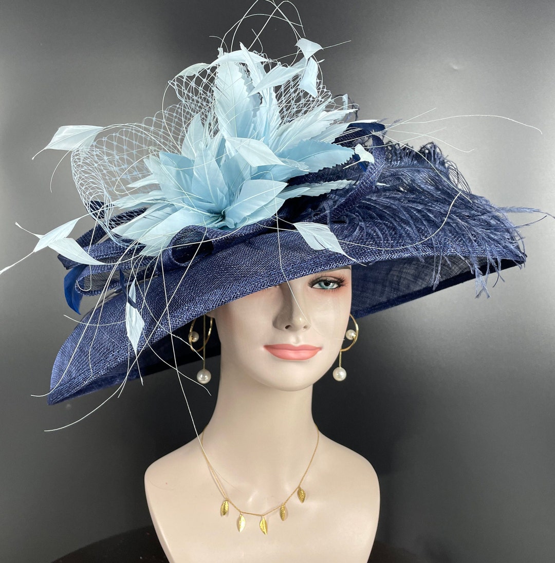 Navy Blue Derby Hat: Feather Flower Tea Party Wedding Hat - Etsy
