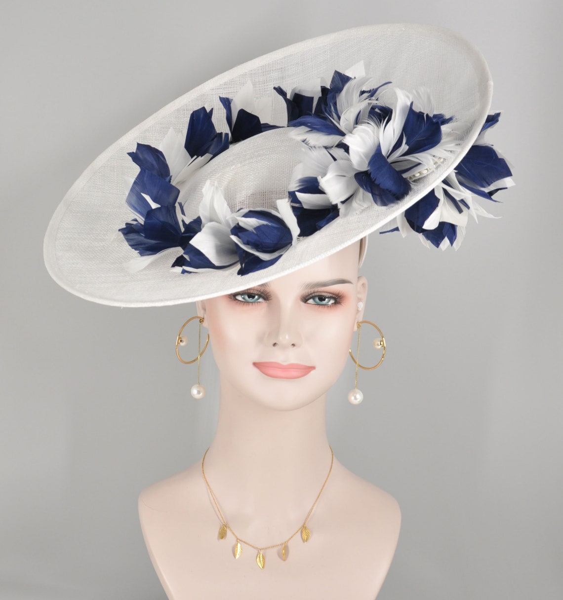 White W Navy Blue Sinamay Disc Fascinator Hat With Jumbo - Etsy