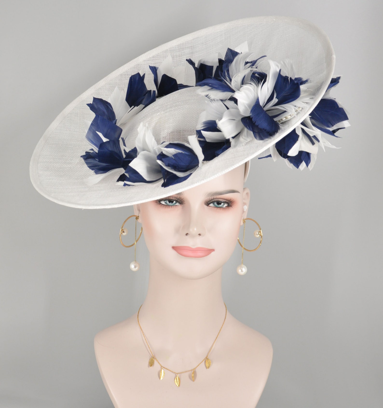 White W Navy Blue Sinamay Disc Fascinator Hat With Jumbo - Etsy