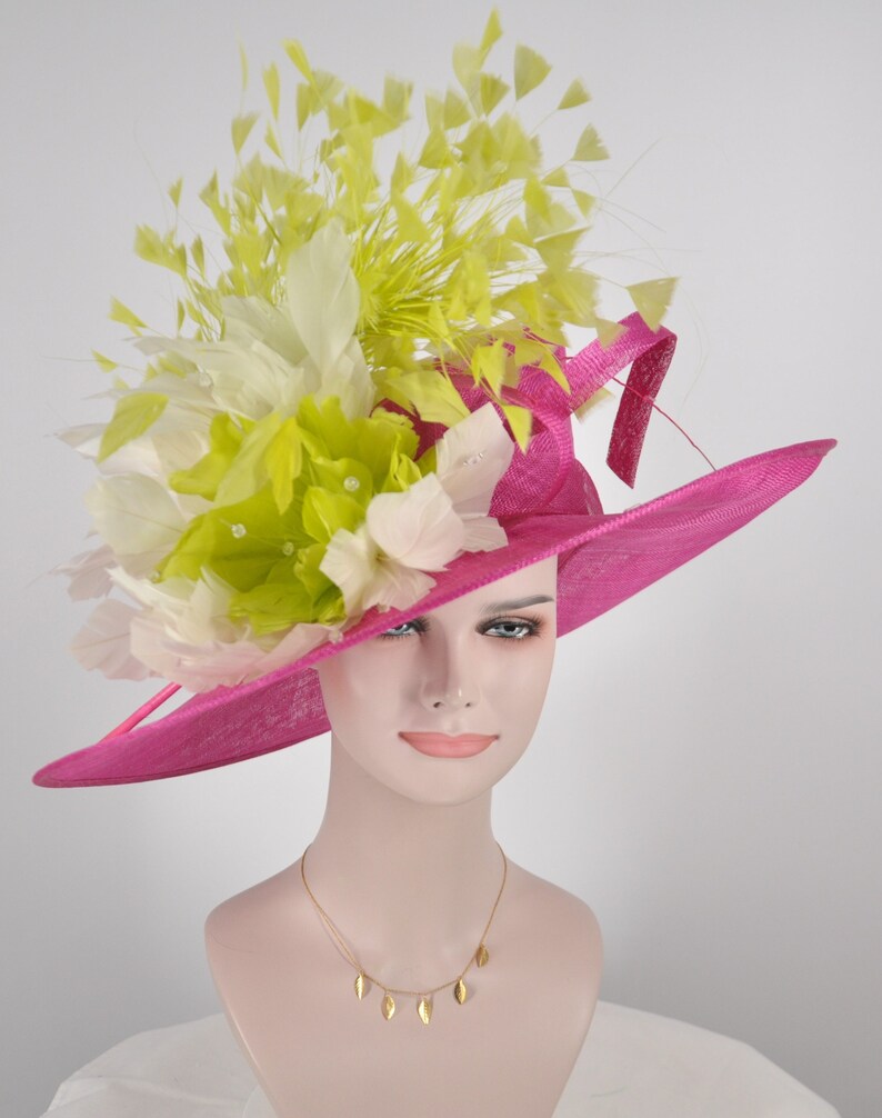 Hot Pink W Ivory Lime Green Feather Flowers Kentucky Derby - Etsy