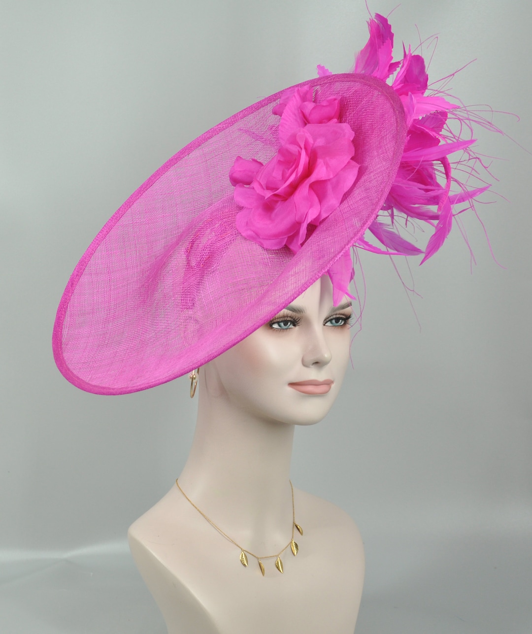 Hot Pink Sinamay Disc Fascinator Hat With Jumbo Silk and Feather ...