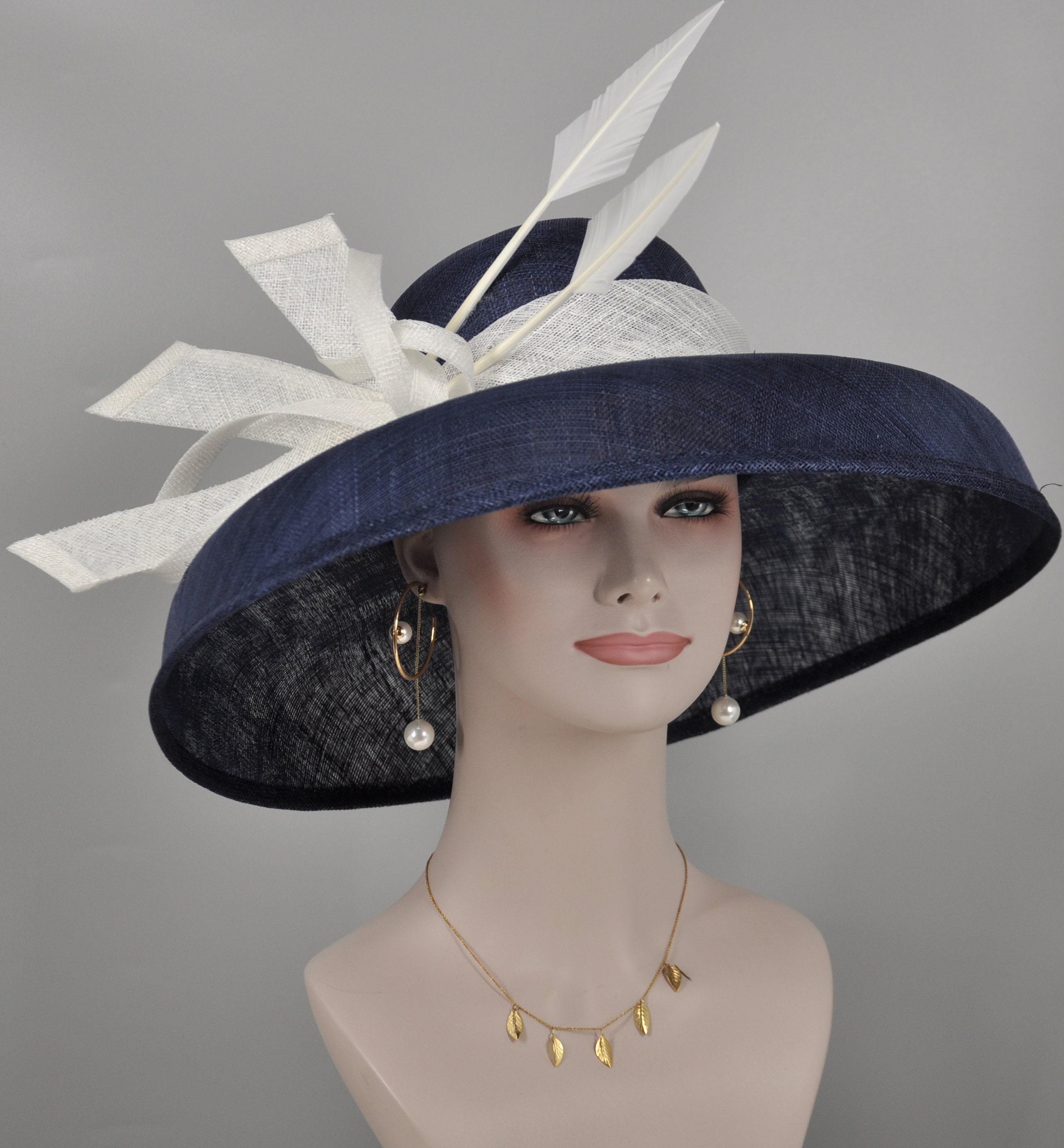 Navy Blue White Wide Brim Kentucky Derby Hat,ascot Hat for Wedding Tea ...
