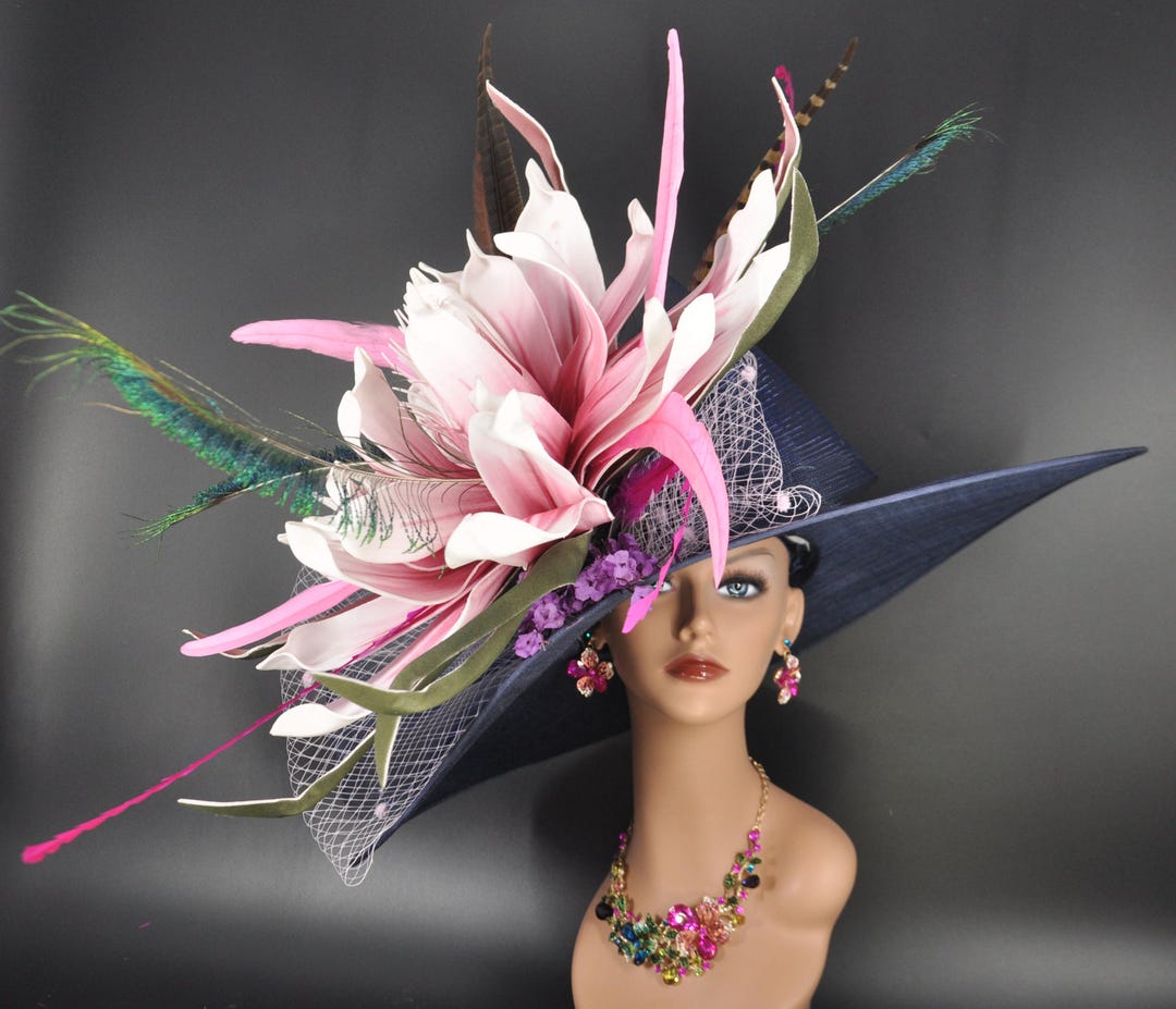 Navy Kentucky Derby Hat: Pink Flower, Peacock Feathers, Wide Brim - Etsy