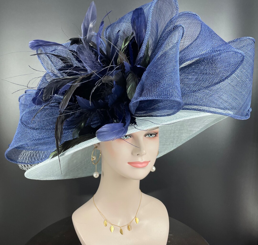 Powder Blue Navy Blue Wide Brim Sinamay Hat Church Kentucky Derby Hat ...