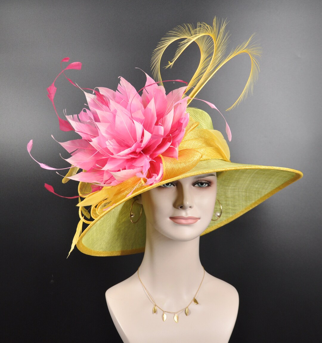 Lime Green Lemon Yellow Pink Wide Brim Sinamay Hat Church Kentucky ...
