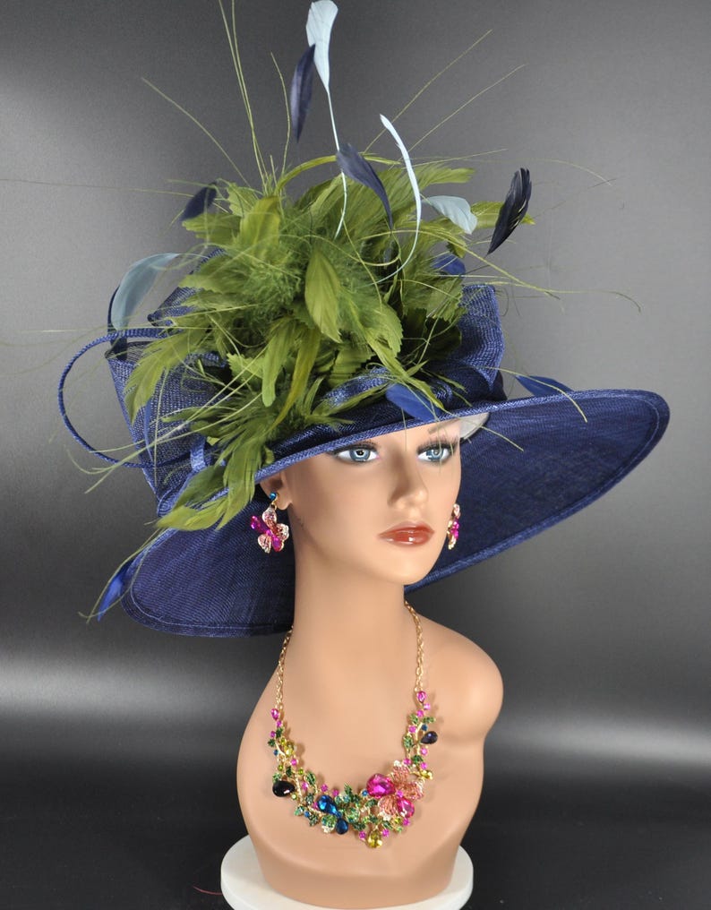 Navy Blue Olive Green Wide Brim Kentucky Derby Hat, Ascot Hat for ...