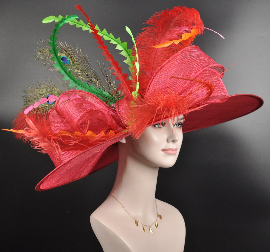 Red Feather Derby Hat: Peacock Ascot Fascinator - Etsy