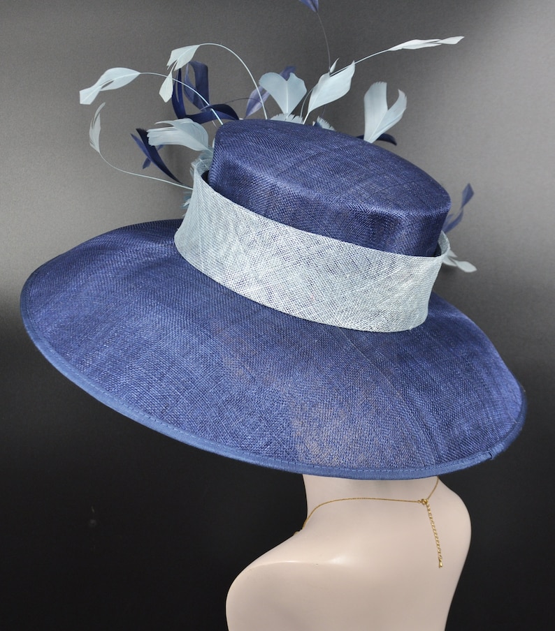 Navy Blue Sinamay Derby Hat: Feather Flowers, Wide Brim Ascot Hat - Etsy