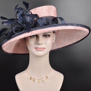 Blush Pink Dusty Pink Navy Blue Feather Wide Brim Sinamay Hat, Kentucky ...