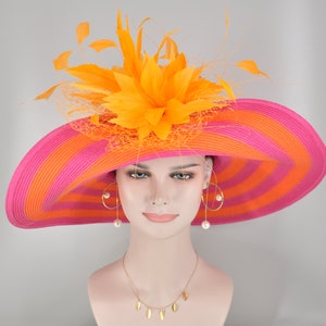 Hot Pink W Orange Feather Flowers Kentucky Derby Hat, Tea Party Hat ...
