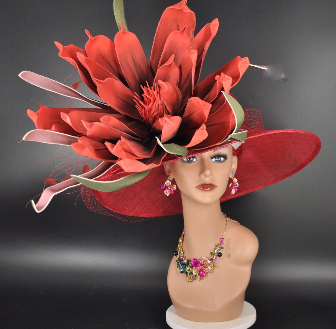 Red Feather Flower Wide Brim Kentucky Derby Hat, Ascot Hat for Wedding & Tea Party, Garden Party ...