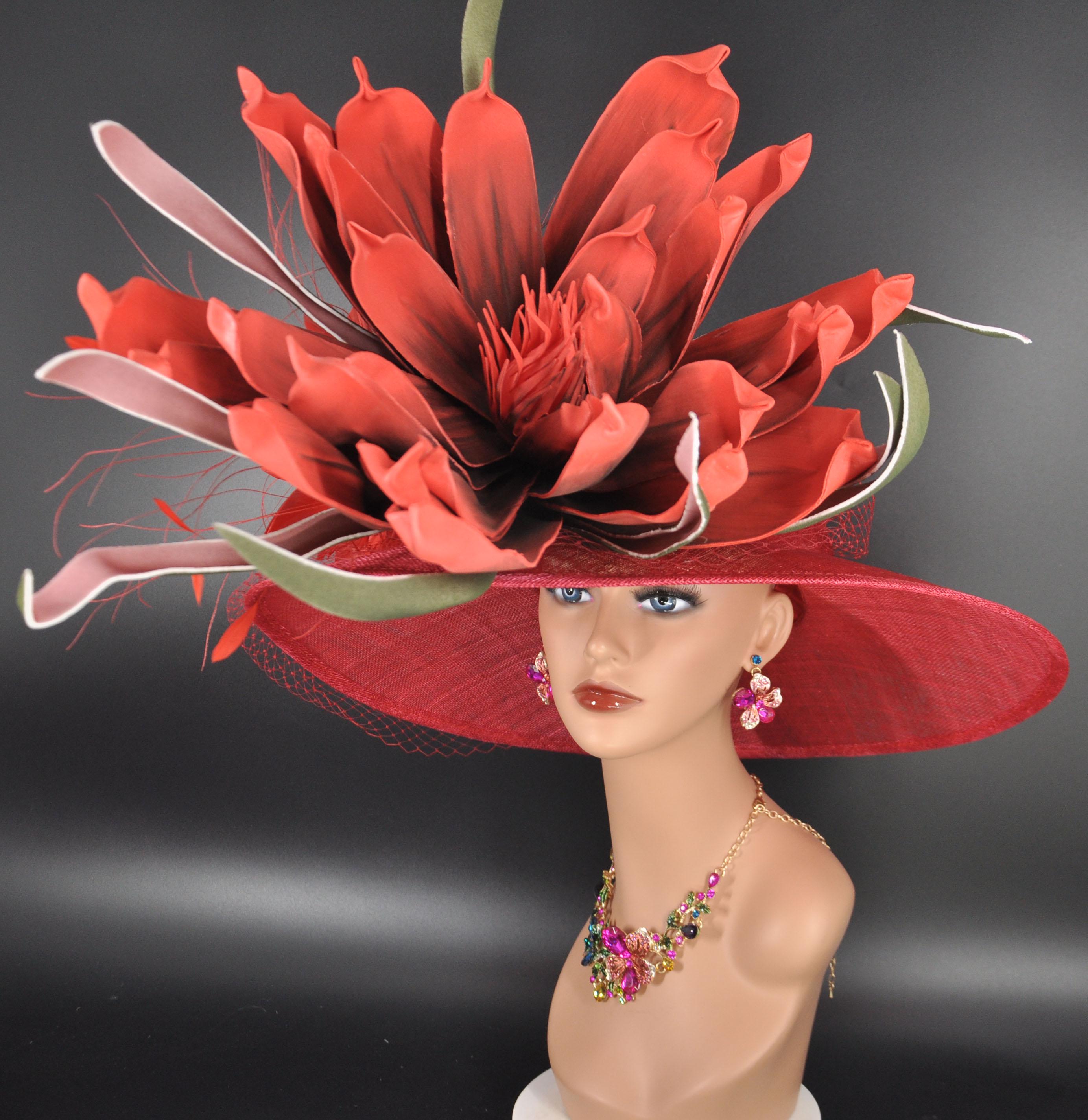Red Feather Flower Wide Brim Kentucky Derby Hat, Ascot Hat for Wedding & Tea Party, Garden Party ...