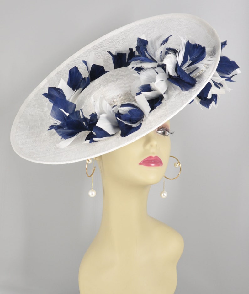 White W Navy Blue Sinamay Disc Fascinator Hat With Jumbo - Etsy