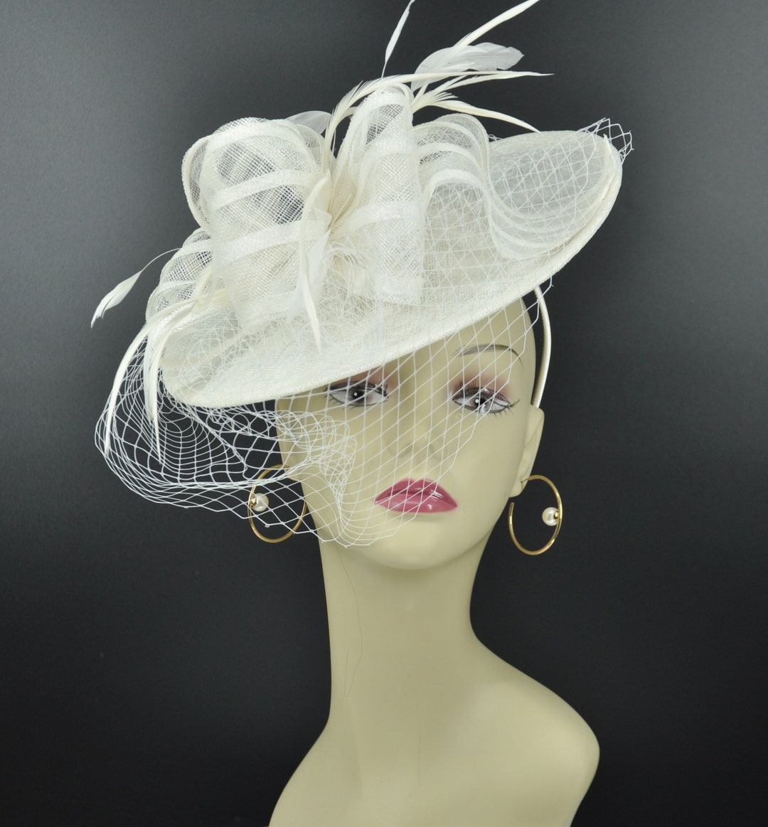 Sinamay Disc Fascinator Hat With Feathers and Netting White - Etsy