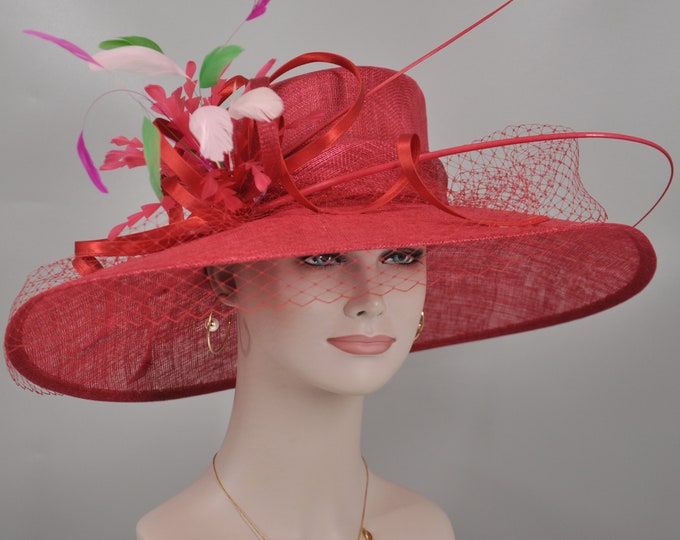 Red More Colors Options Wide Brim Sinamay Hat Church Kentucky Derby Hat ...