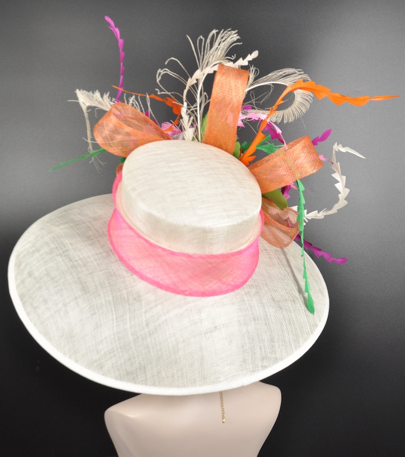 Wide Brim Sinamay Kentucky Derby Hat, Ivory W/ Pink Lily & Feather ...