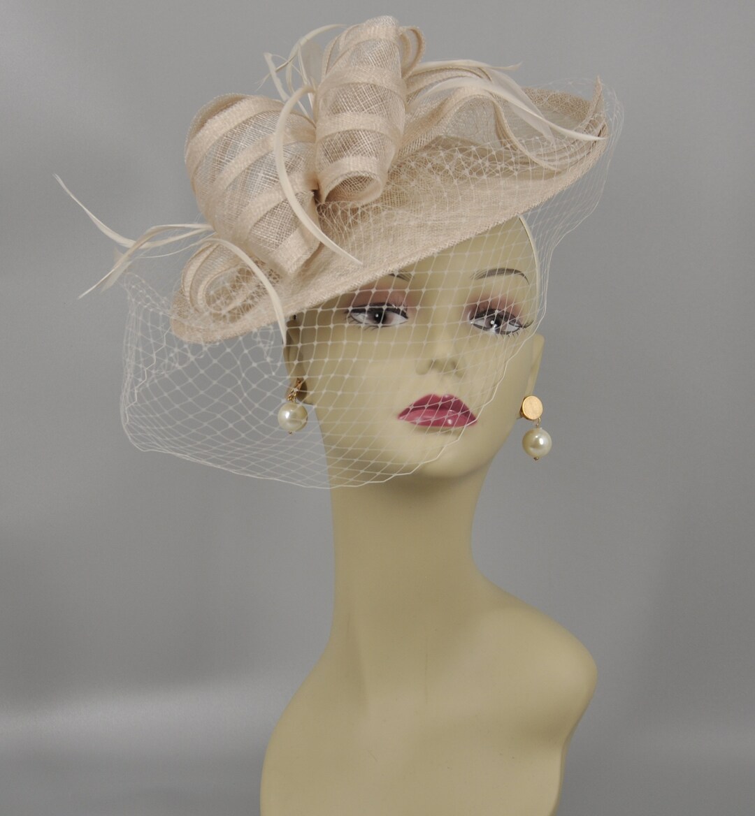 Sinamay Disc Fascinator Hat With Feathers and Netting Champagne W White ...